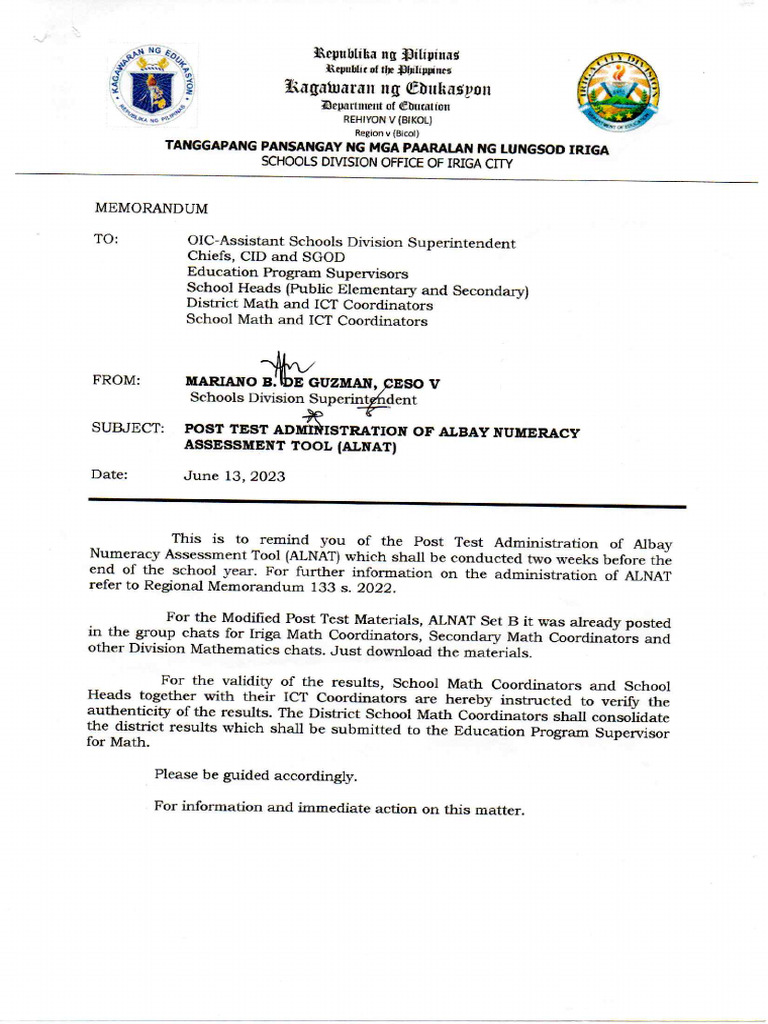 6 - 13 - 23 - DM Post Test Administration of Albay Numeracy Assessment ...