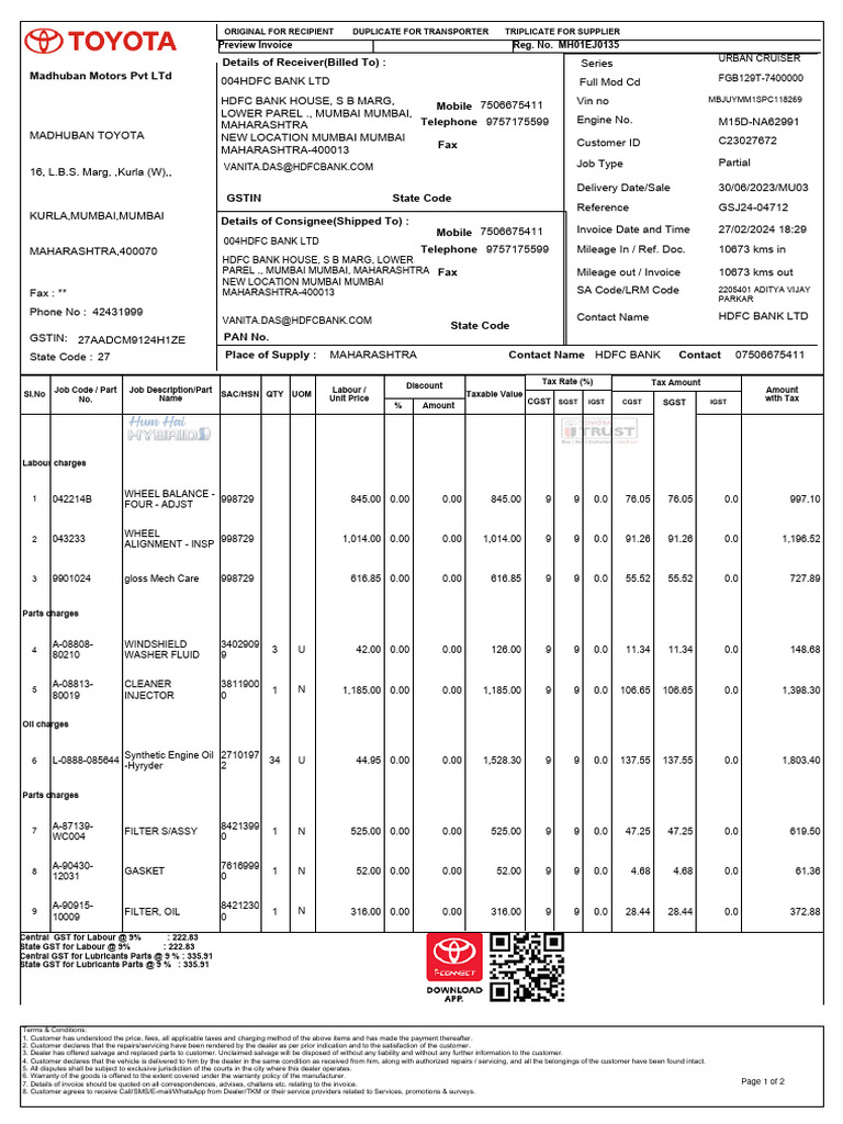Toyota Service Invoice | PDF | Invoice | Taxes