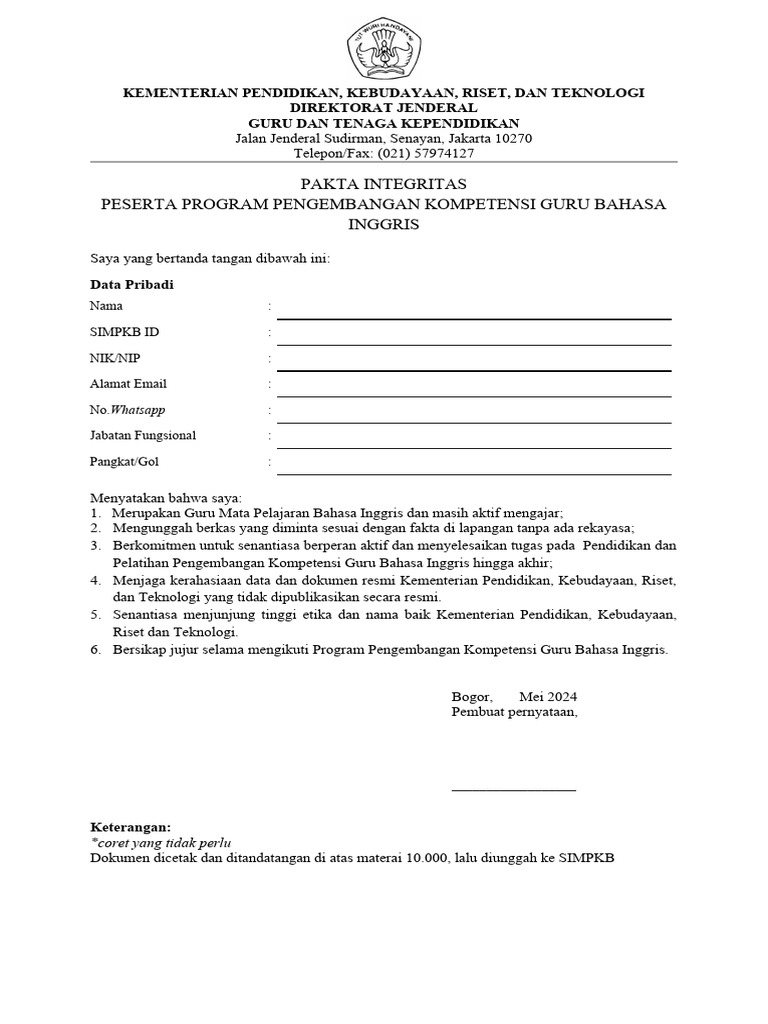 Form Pakta Integritas Peserta PKGBI 2024 | PDF | Seni