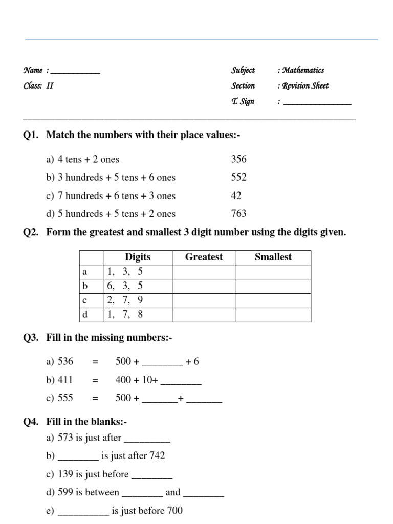 CBSE Class 2 Maths Practice Worksheets (156) - Revision | PDF CBSE Class 2 Maths Practice Worksheets (156) - Revision | PDF