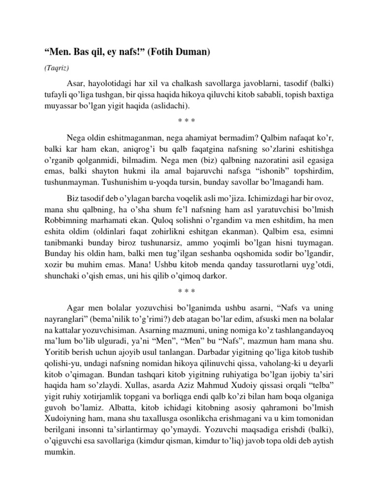 Men Bas Qil Ey Nafs! Fotih Duman Taqriz by Izzat Arslon | PDF