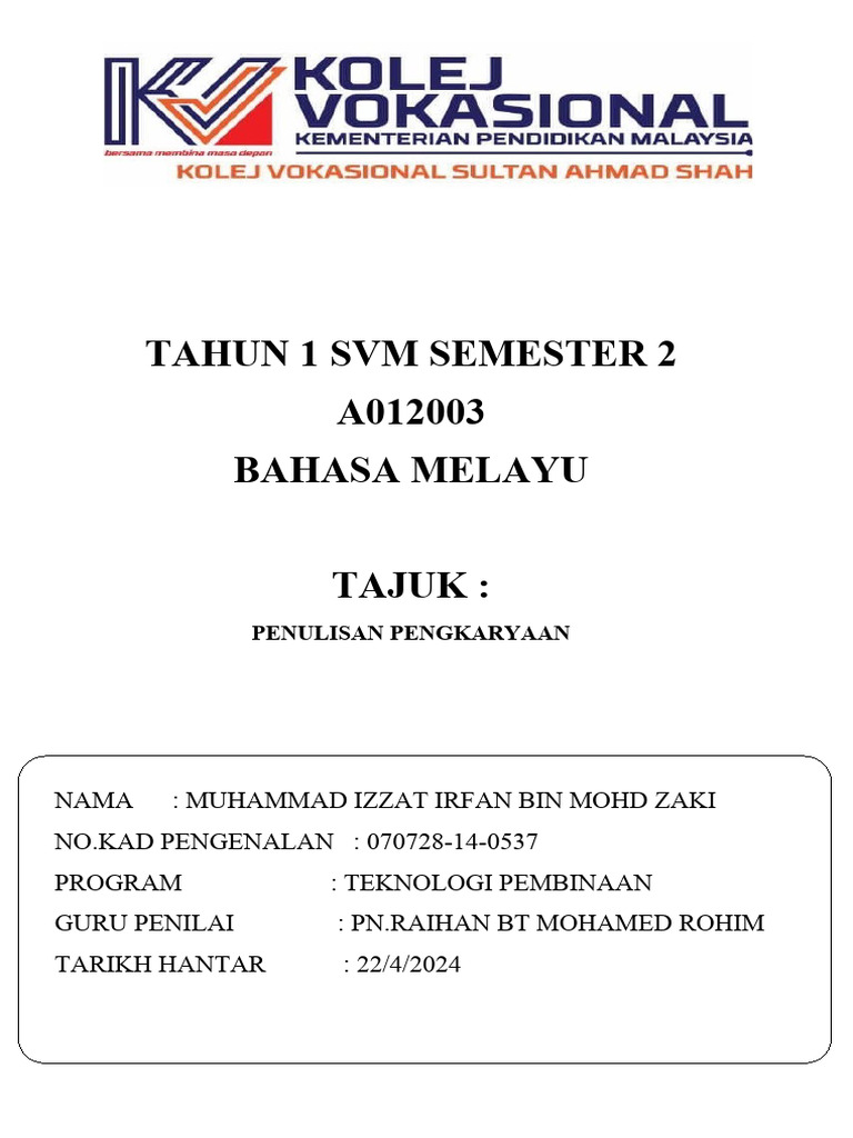 Muka Hadapan Folio Sem 1 | PDF