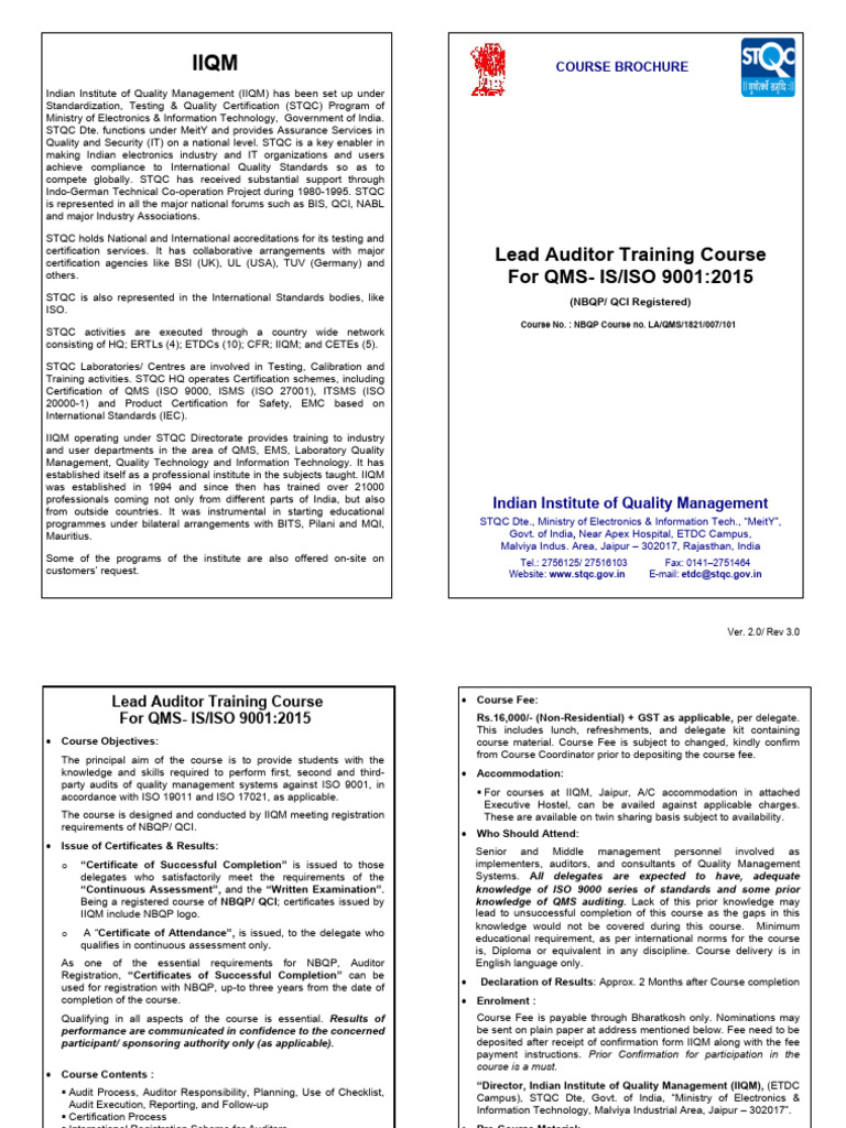 QMS LA Course Brochure Ver 2 Rev 3 | PDF | Iso 9000