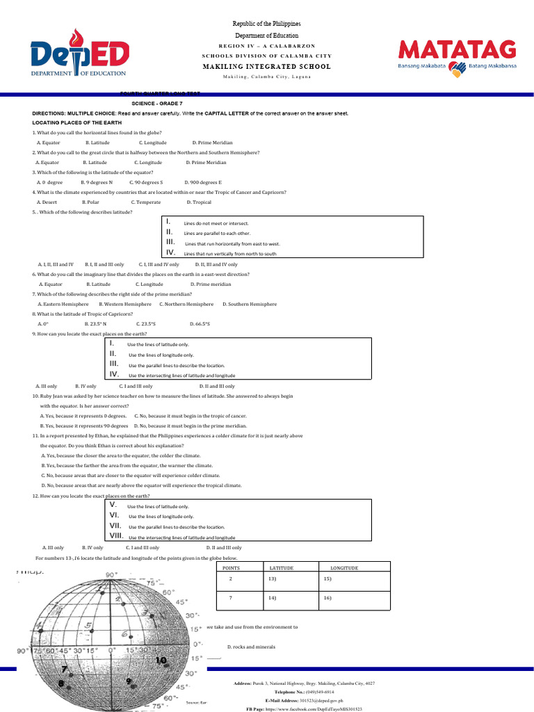 Grade 7 Science Fourth Quarter Test | PDF | Latitude | Equator