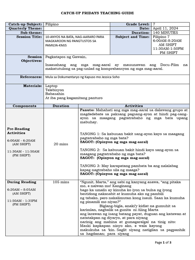Dokyu-Film-Catch-Up-Friday-Filipino-7-Teaching-Guide-2-April 11, 2024 | PDF