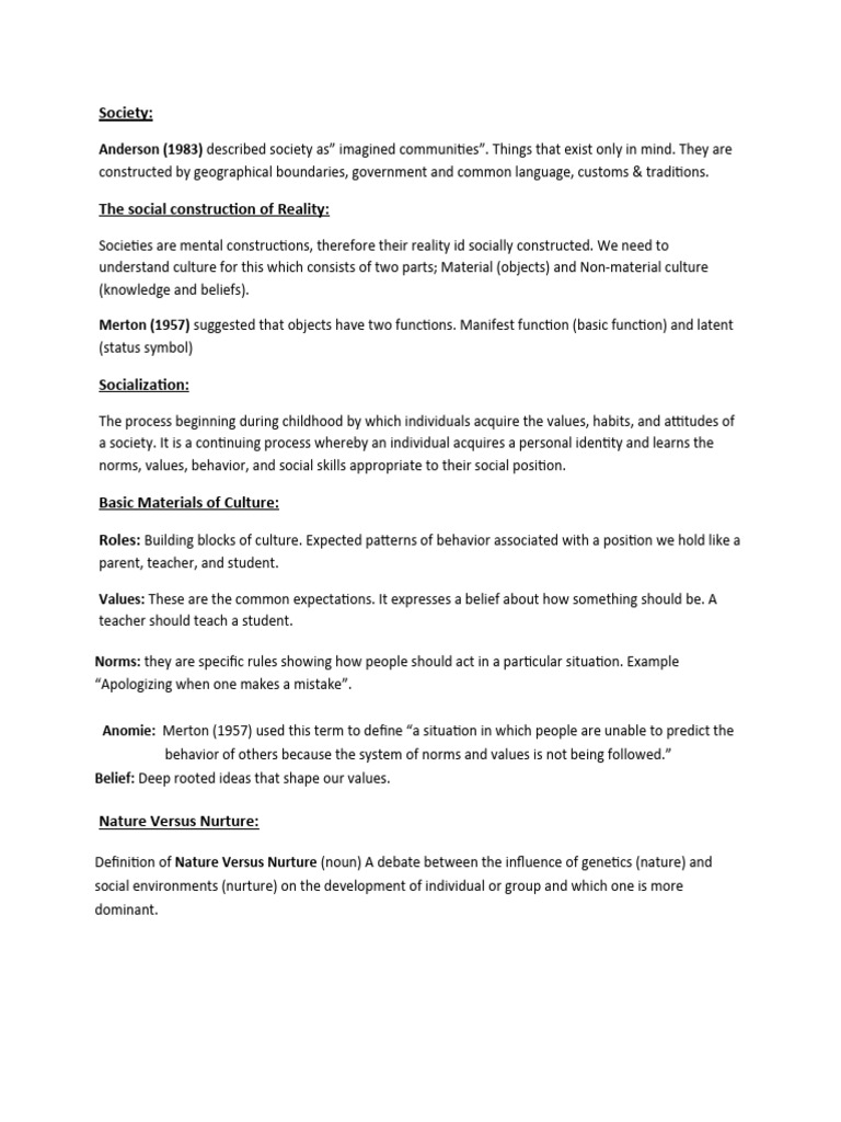 A Level Sociology Chapter 1 Notes | PDF | Socialization | Society