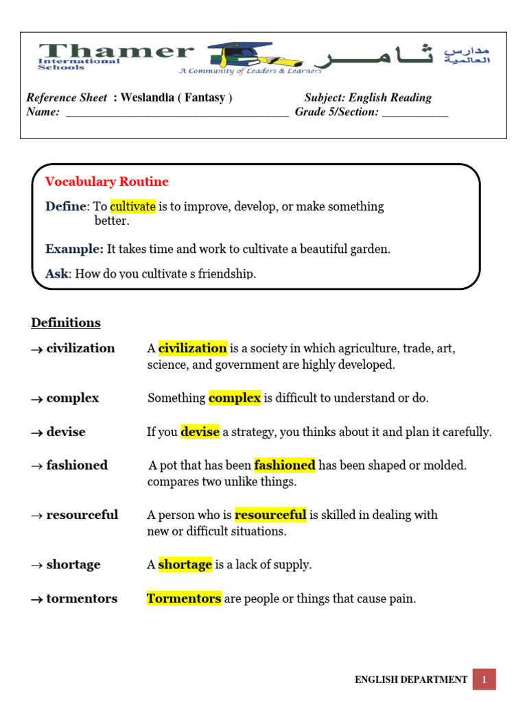 Reference Sheet (Grade 5) Weslandia | Download Free PDF | Cognition