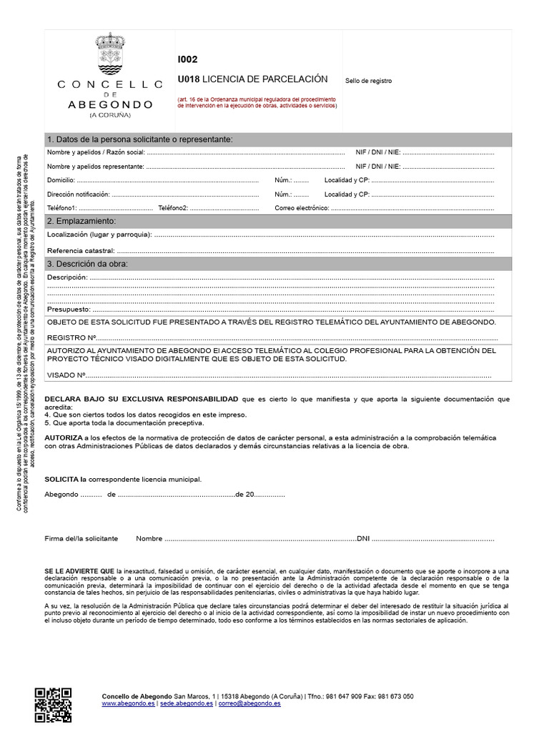 Impreso Licenza de Parcelacion Castellano | PDF | Documento de ...