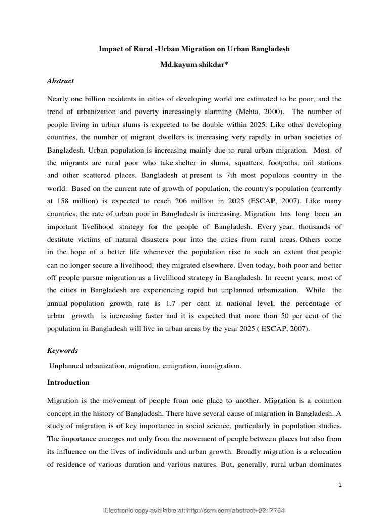 Impact of Rural - Urban Migration On Urban Bangladesh | PDF | Human ...
