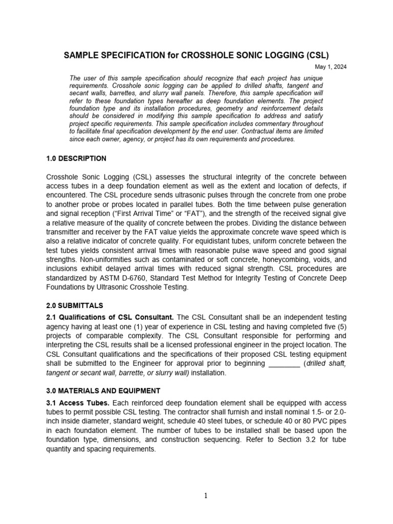 Sample Specification For Crosshole Sonic Logging - 5 1 2024 - US Shafts ...