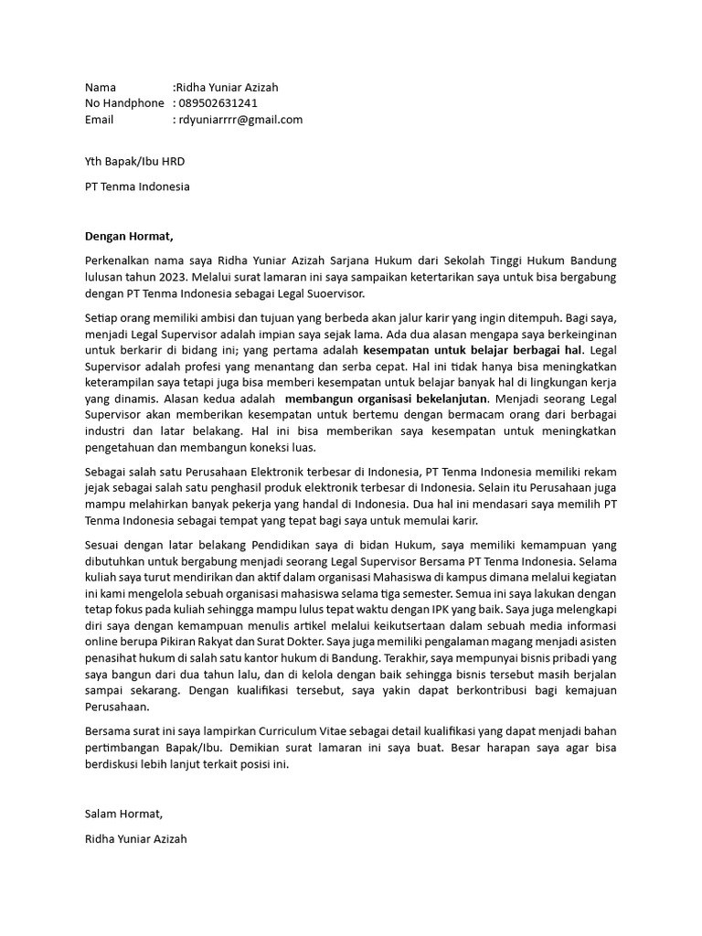 Contoh Cover Letter Legal Supervisor | PDF