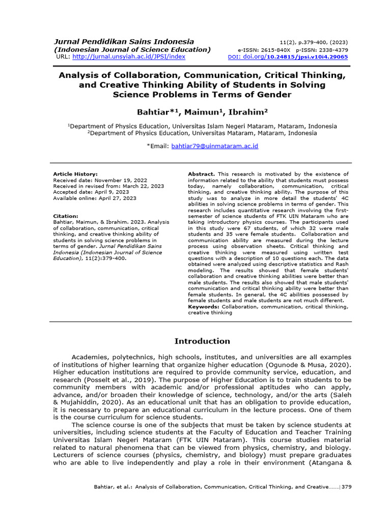 Analysis of Collaboration, Communication, Critical Thinking, and Creative Thinking Ability of ...