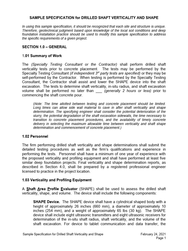 Sample Specification For Drilled Shaft Verticality and SHAPE | PDF ...