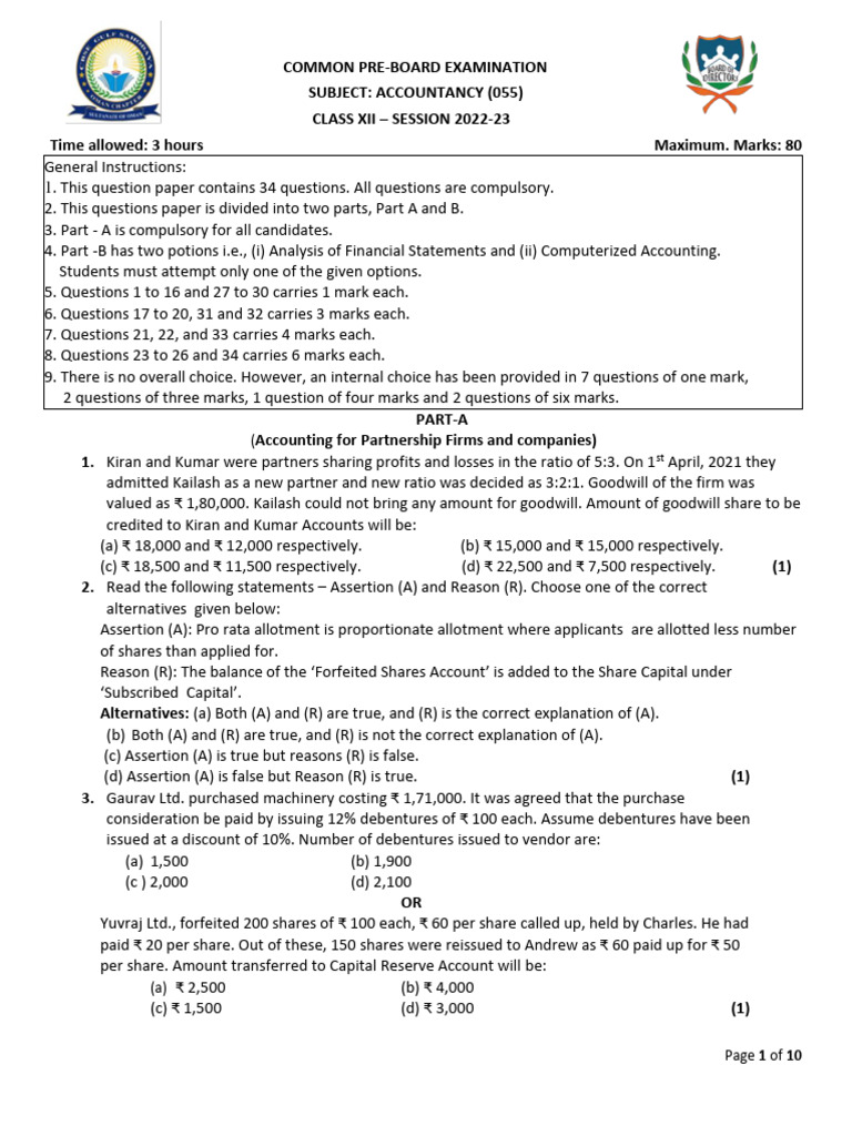 6.XII Accountancy Question Paper | PDF | Balance Sheet | Equity (Finance)