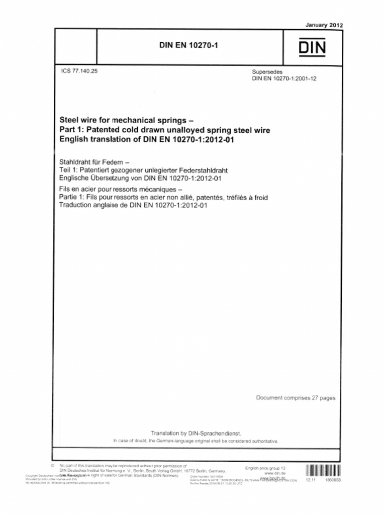 DIN en 10270-1 - Steel Wire For Mechanical Springs - 2012 | PDF