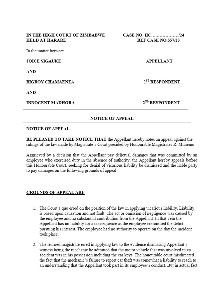 Notice of Appeal Sigauke 1 | PDF | Legal Liability | Vicarious Liability
