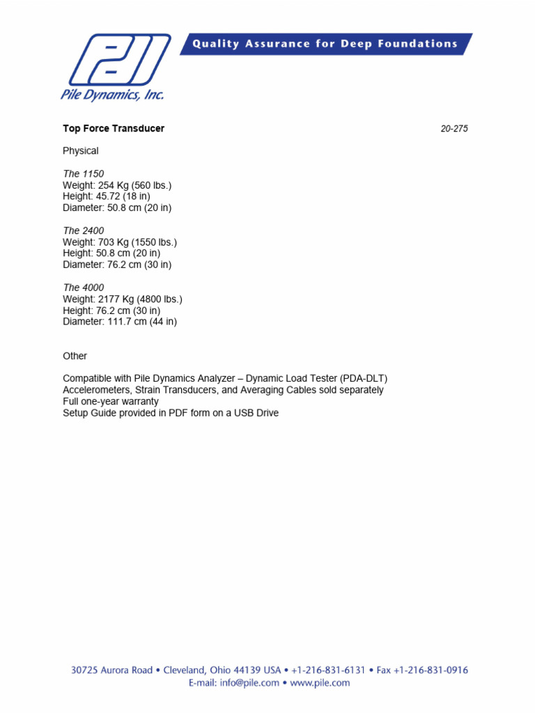 Top Force Transducer - Tech Spec Sheet | PDF | Technology & Engineering