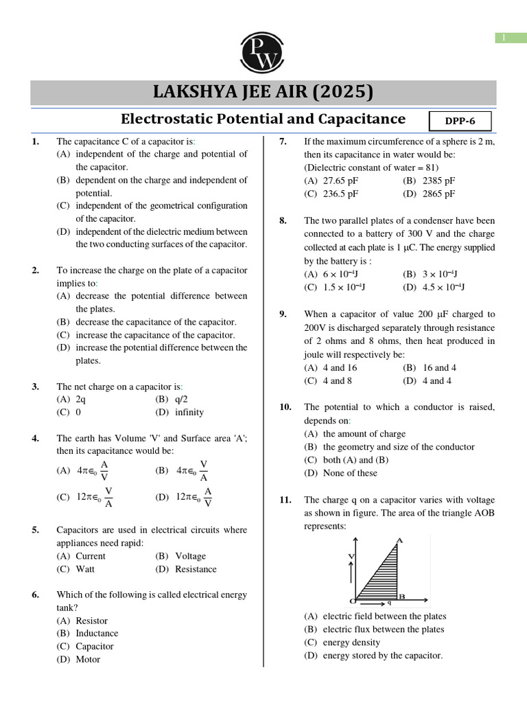 Electrostatic Potential and Capacitance - DPP 06 (Extra DPP) - Lakshya JEE AIR Recorded 2025 ...