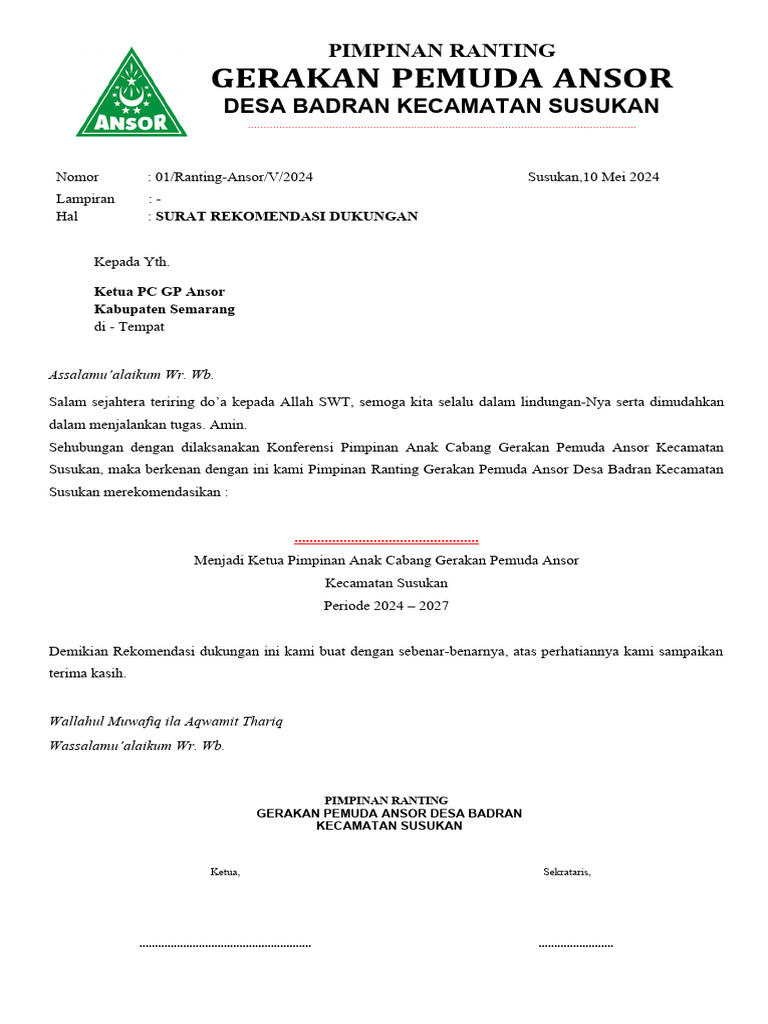 Surat Rekomendasi Dukungan Ranting BADRAN | PDF