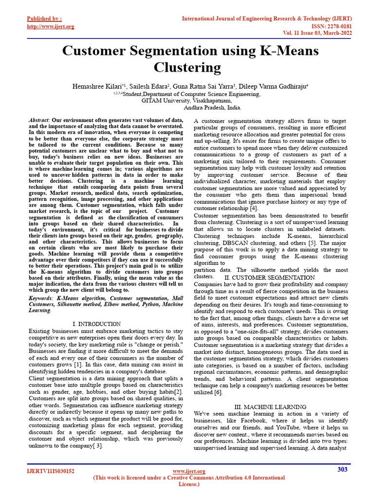 Customer Segmentation Using K Means Clustering IJERTV11IS030152 | PDF ...