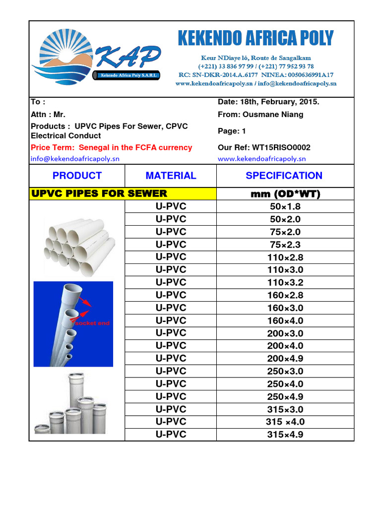 UPVC Pipe Specifications and Pricing | PDF | Polyvinyl Chloride | Prices