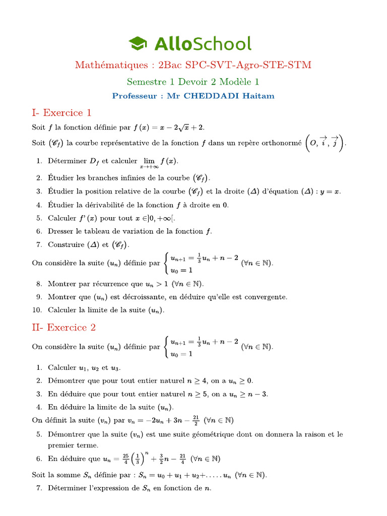 Math 2bac SPC Semestre 1 Devoir 2 Modele 1 | PDF