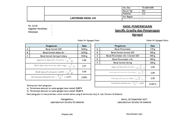 Form Specific Gravity Dan Penyerapan Agregat | PDF