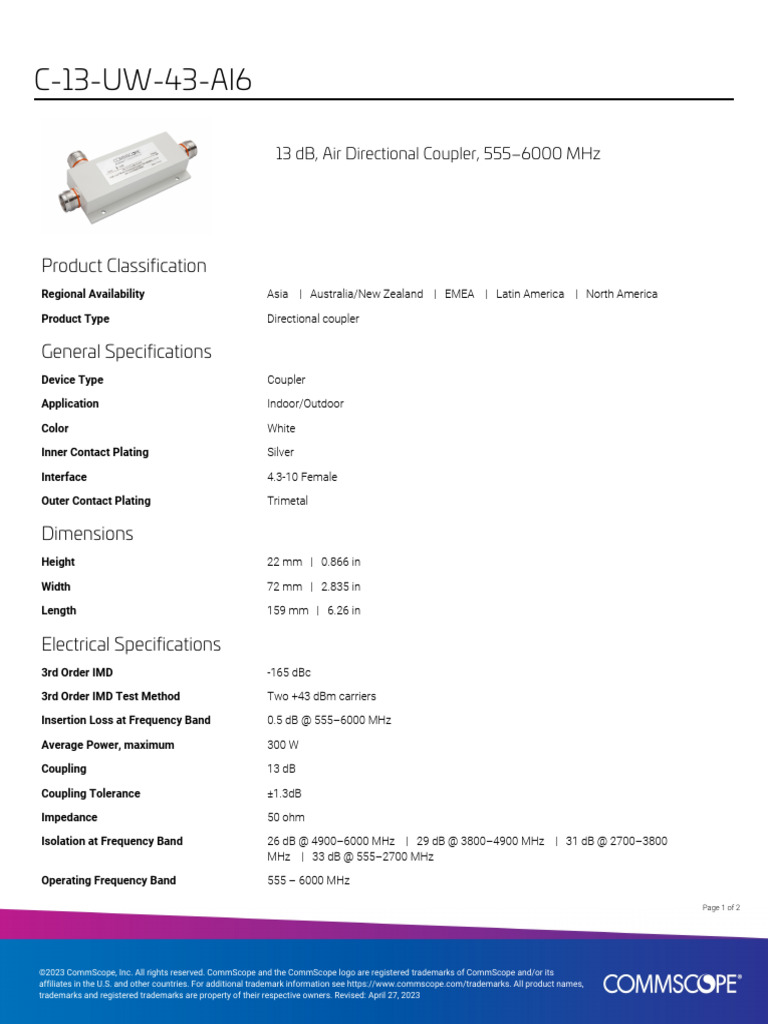 C-13-UW-43-AI6 Product Specifications | PDF | Decibel | Electrical ...