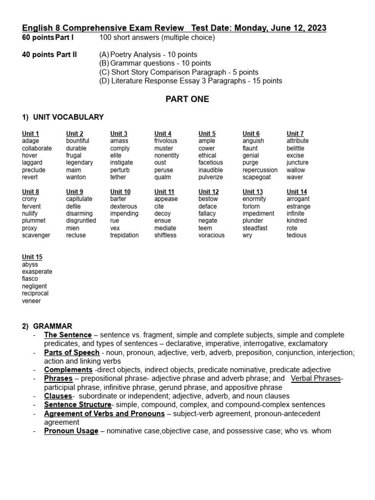 English 8 2023 Comprehensive Review | PDF | Verb | Phrase