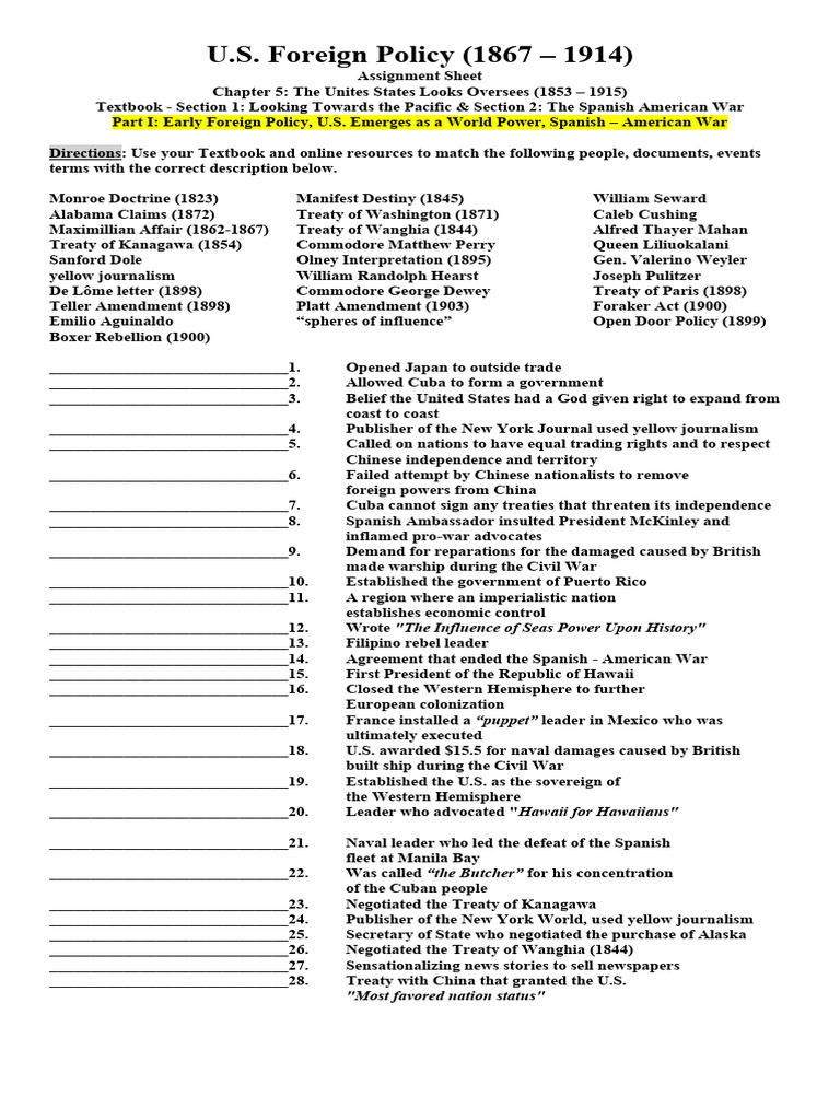 HW U.S. Foreign Policy 1867 - 1914 Pt.I | PDF | Hawaii | Spanish Empire