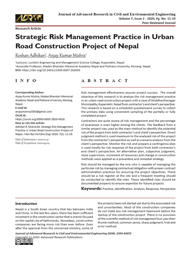 Strategic Risk Management Practice in Urban Road Construction Project of Nepal | PDF | Risk ...