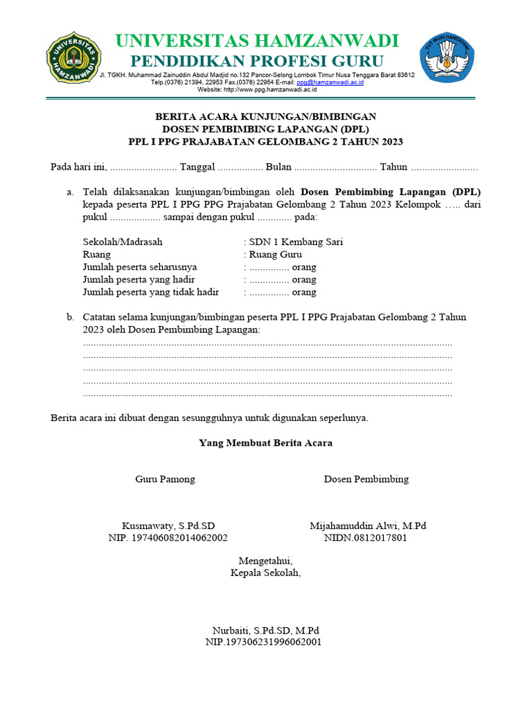 Berita Acara Bimbingan PPL PPL 1 PPG Prajabatan Gelombang II Tahun 2023 | PDF