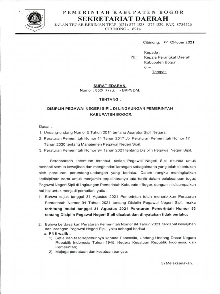 Surat Edaran Sekda Tentang Disiplin PNS Tahun 2021 | PDF Surat Edaran Sekda Tentang Disiplin PNS Tahun 2021 | PDF