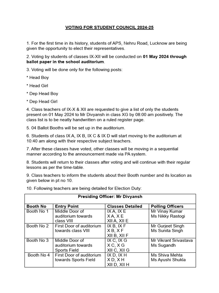 Instructions For Teachers For Student Council Election | PDF ...