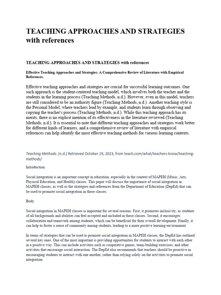 TEACHING APPROACHES AND STRATEGIES With References | PDF | Self ...