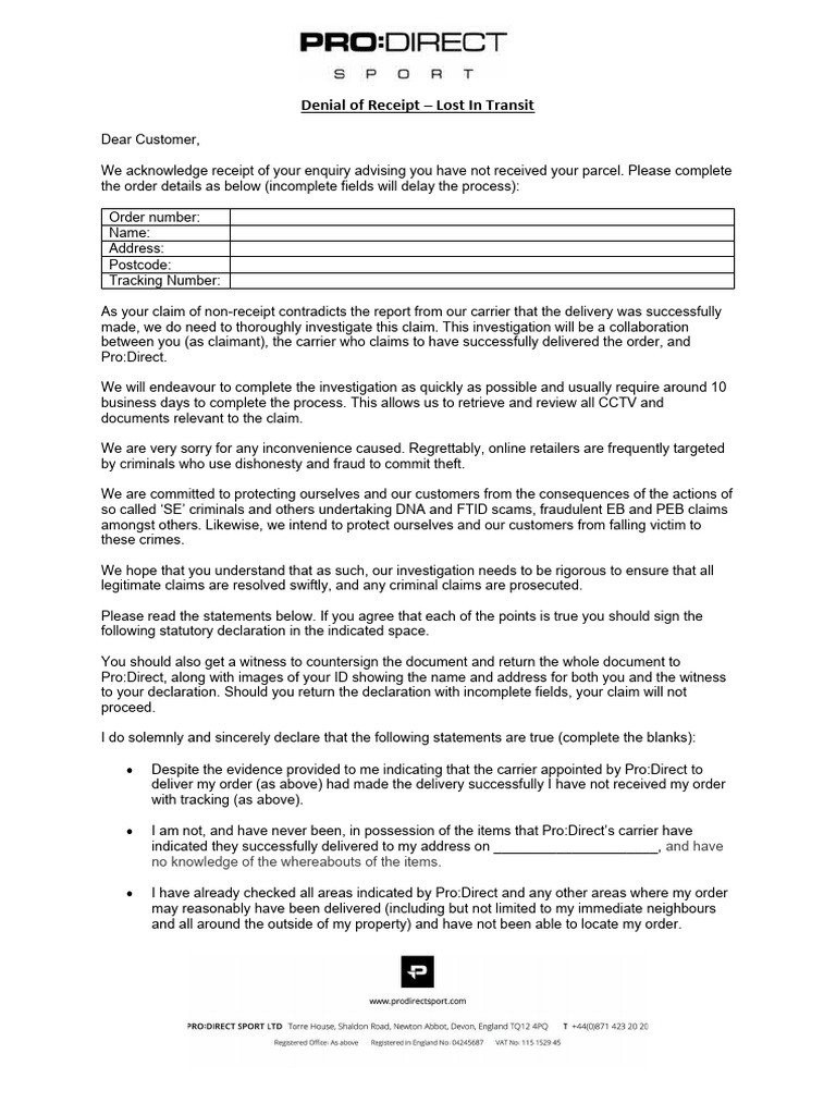 Lost in Transit Form, Denial of Receipt | PDF | Crimes | Crime & Violence