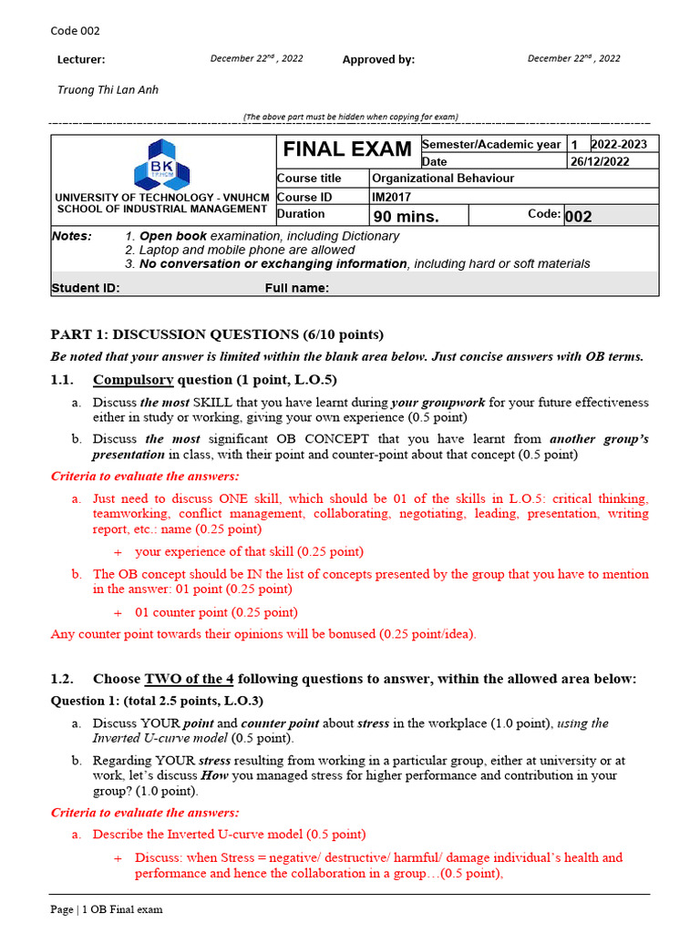 OB-Final Exam-Dec 2022-Code 002-Evaluation Criteria | PDF | Leadership | Stress (Biology)