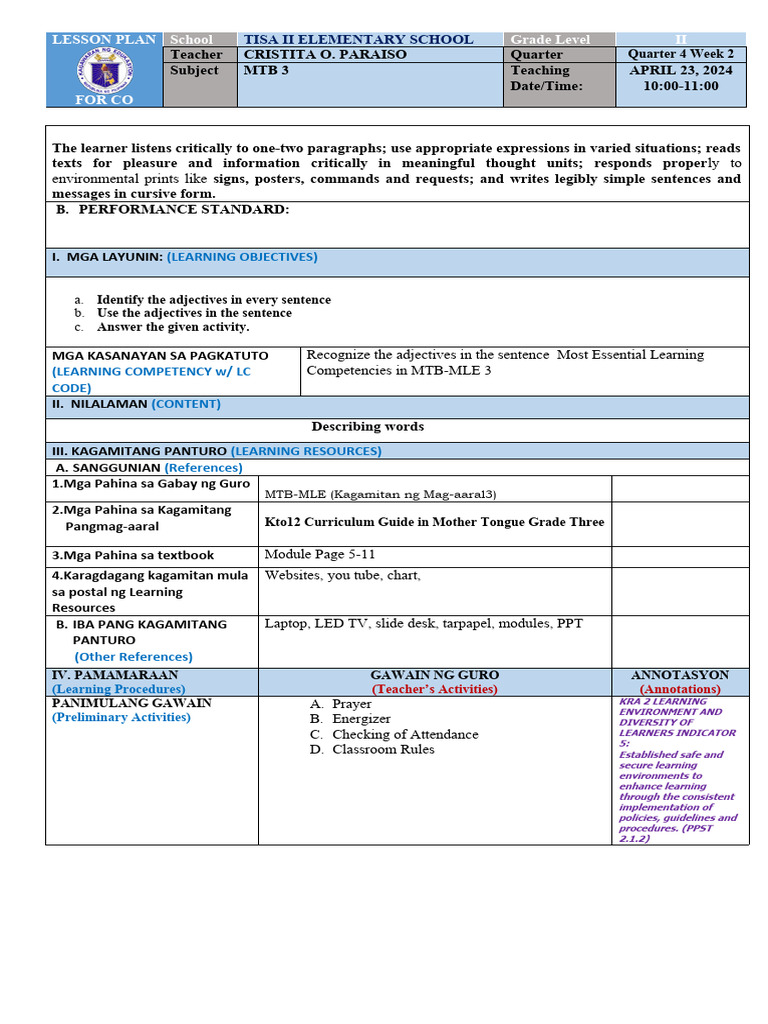 Paraiso Co4 MTB DLP | PDF | Learning | Curriculum