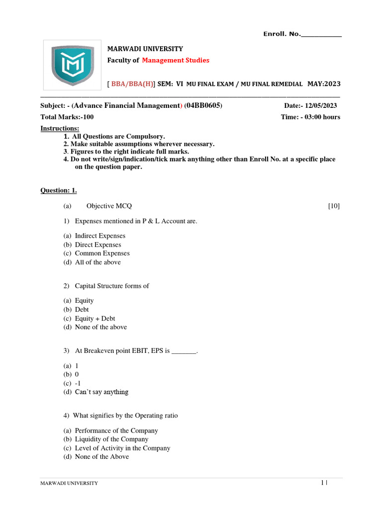 Advance Financial Management 04BB0605: Bba/Bba (H) | PDF | Return On ...