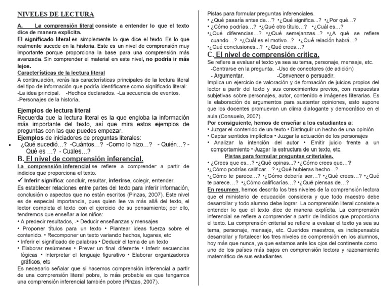 Niveles de Comprensión Lectora | PDF | Comprensión lectora | Comprensión