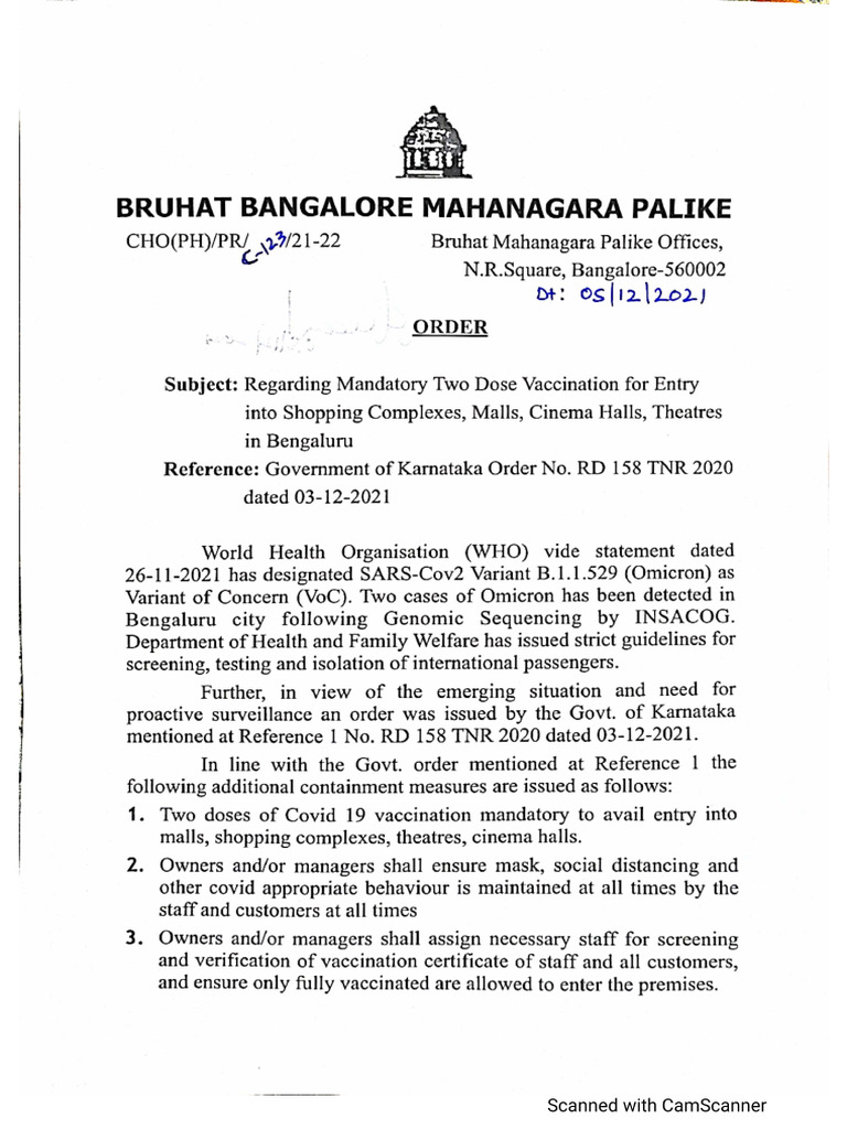 BBMP Vaccination Compulsory Order | PDF