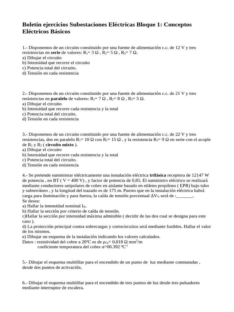 Boletin Ejercicios Bloque 1 Conceptos Electricos Basicos | PDF | Resistencia Eléctrica y ...