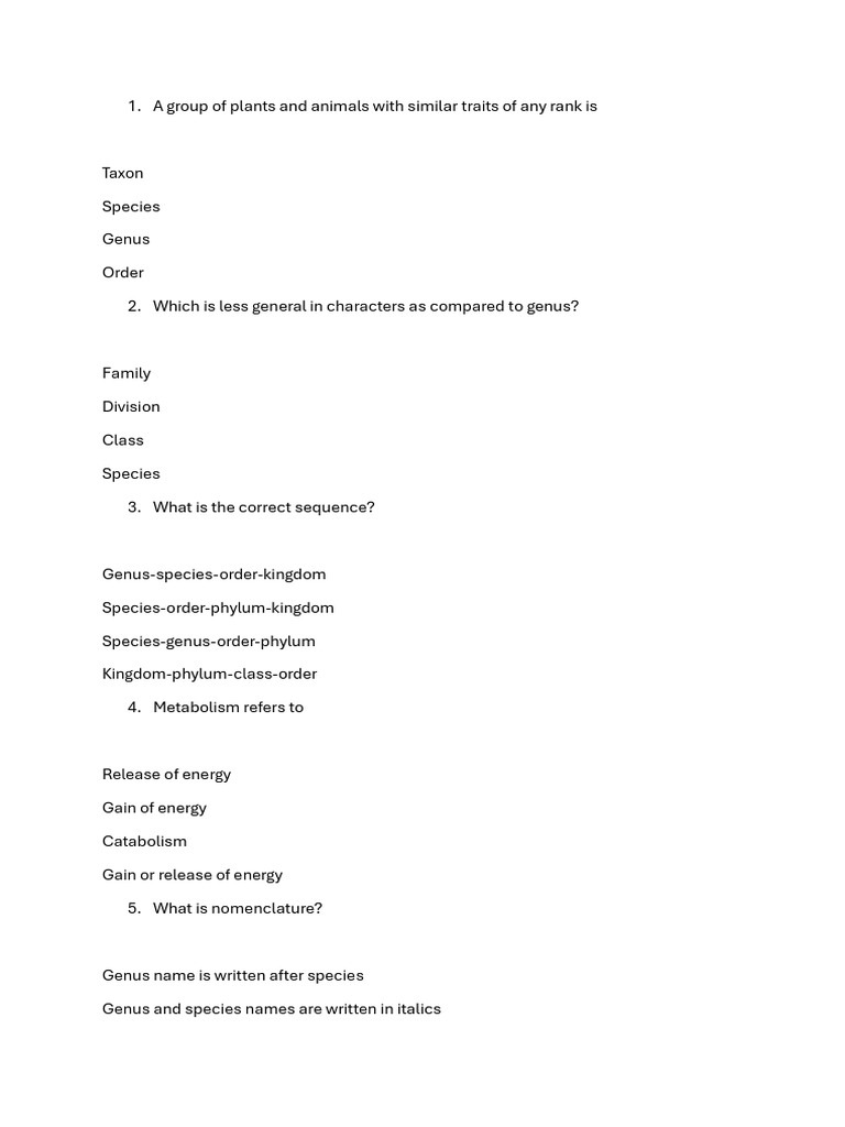 Biology Taxonomy and Classification Quiz | PDF | Cell (Biology) | Genus