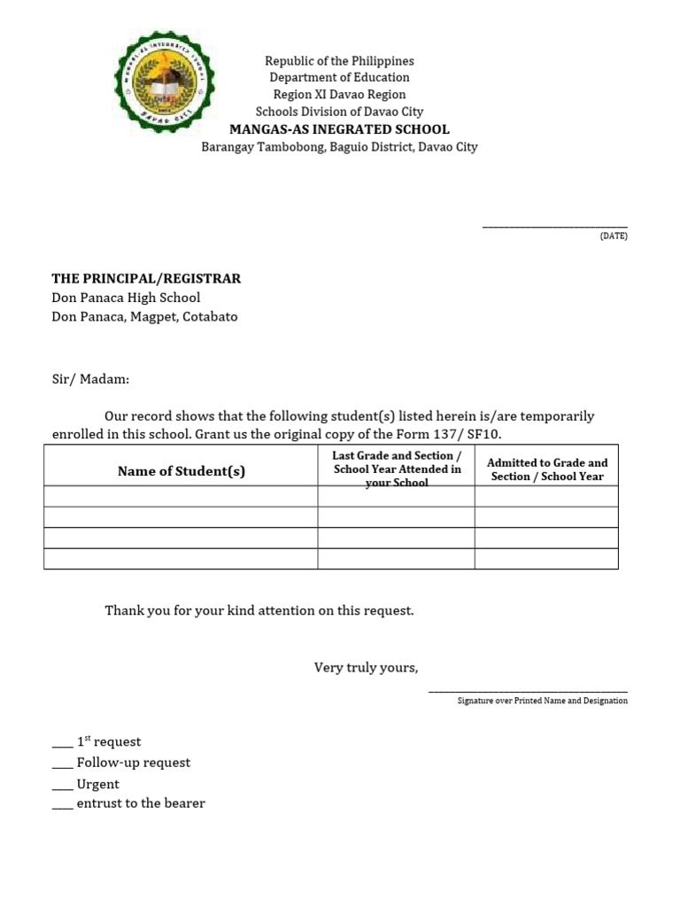 Form 137 Request Letter Rey Ann C. Pandian | PDF