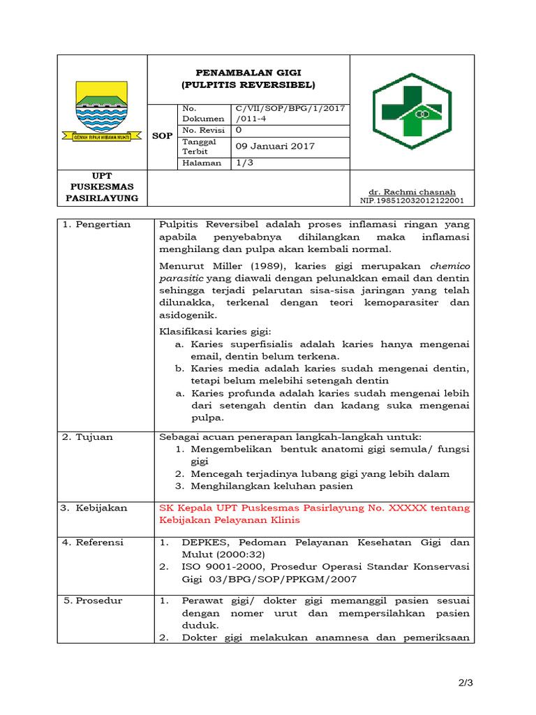 B. 04 SOP Penambalan Gigi (Pulpitis Reversible) | PDF