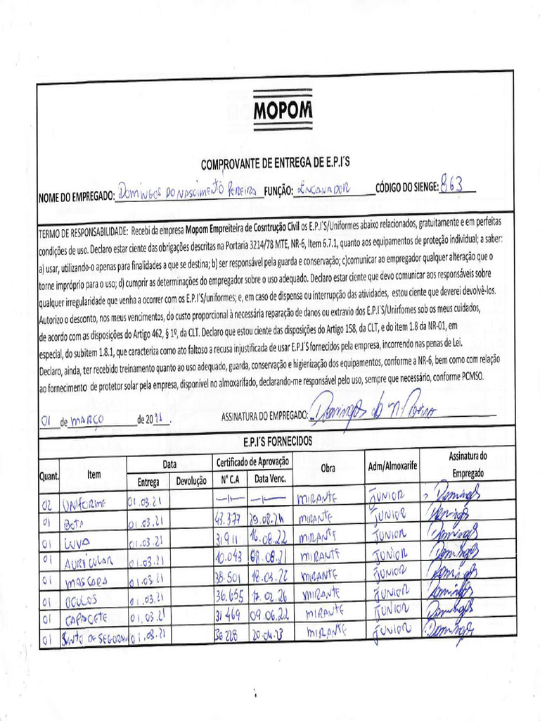 13.fichas de EPI | PDF