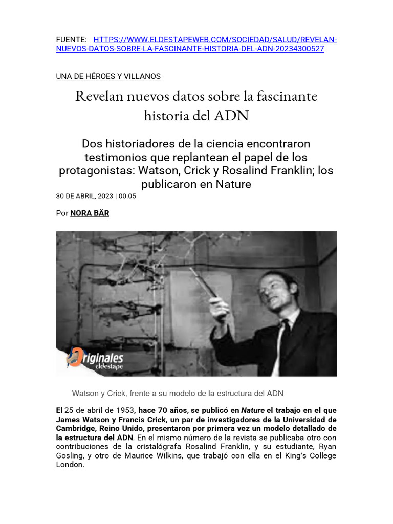 Nuevos datos sobre el ADN y Rosalind Franklin | PDF | James Watson ...