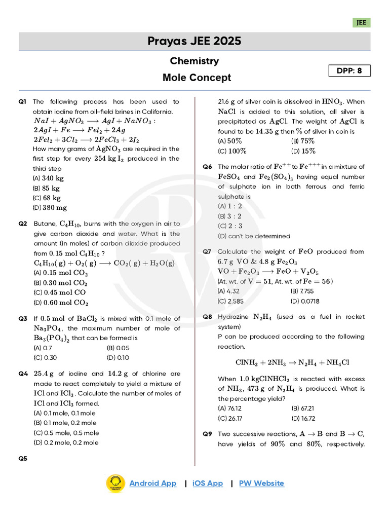 Mole Concept - DPP 08 (Of Lec 09) - Prayas JEE 2025 | PDF | Iron ...