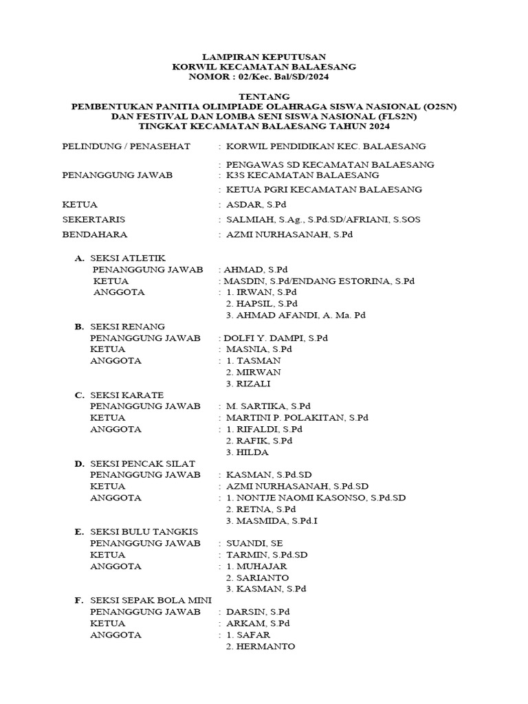 Panitia O2sn FLS2N TKT Kecamatan 2024 | PDF