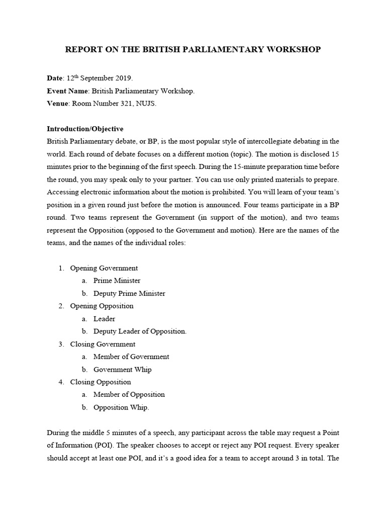 Report On The British Parliamentary Workshop | PDF | Government | Meetings